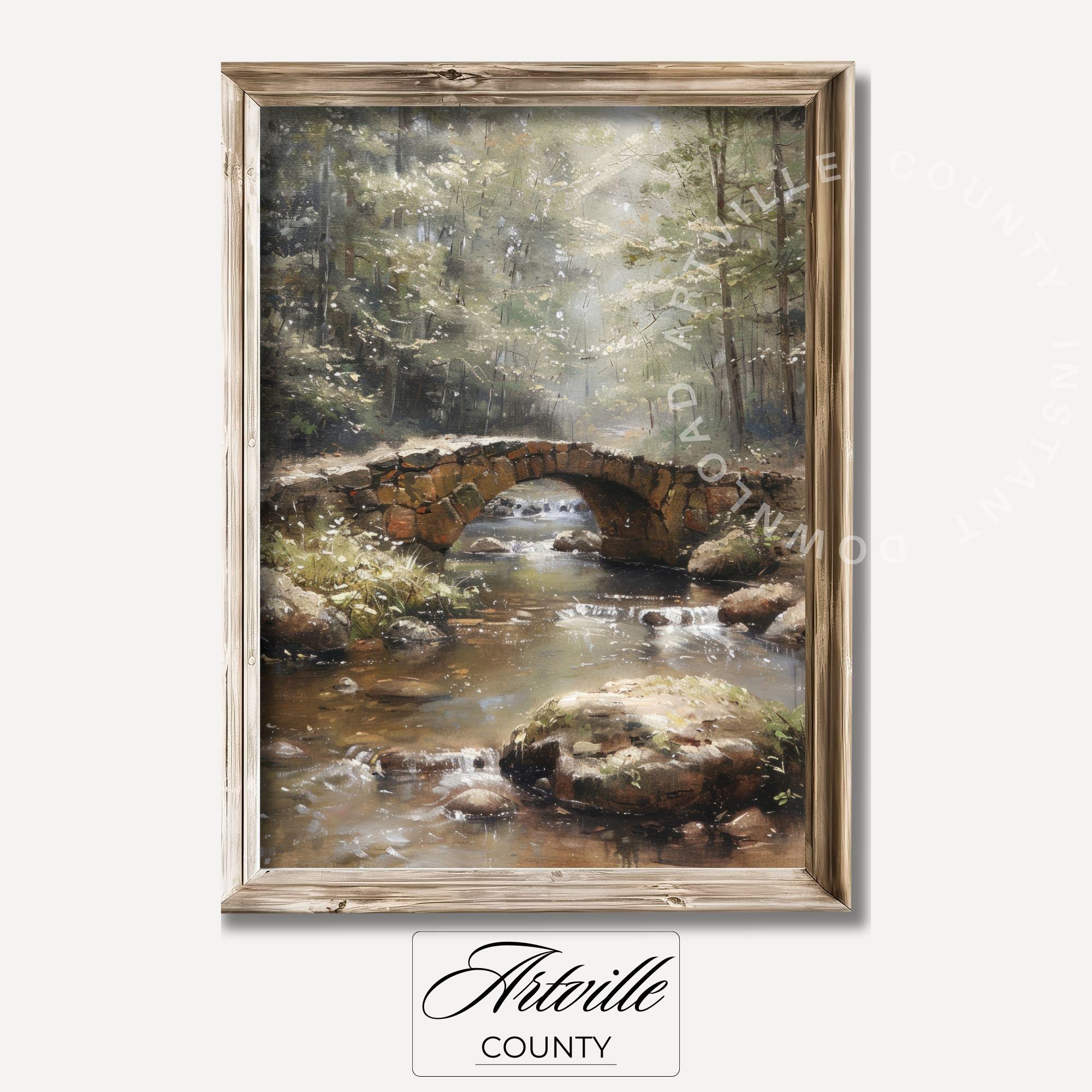 Printable Forest Bridge Painting, Farmhouse Wall Art, Vintage Landscape ...