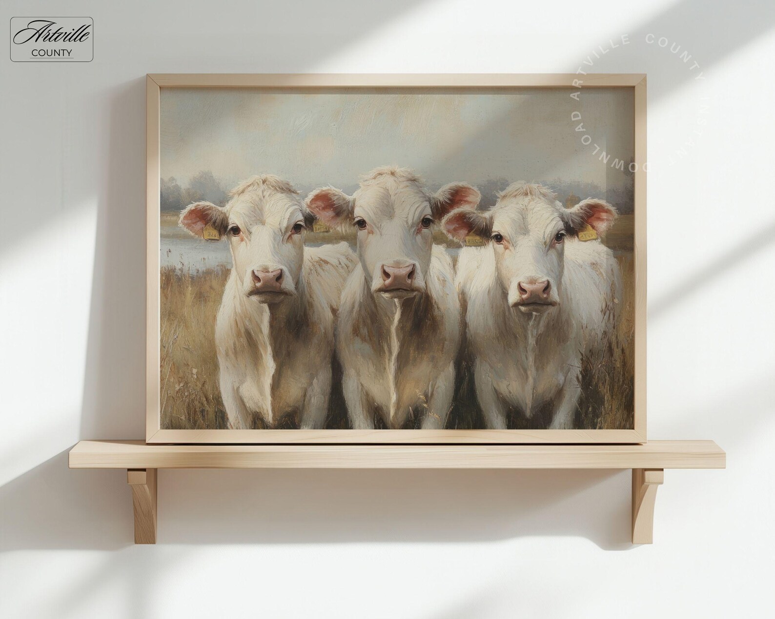 Vintage Curious Cows Print, Country Landscape Painting, Printable Cow ...