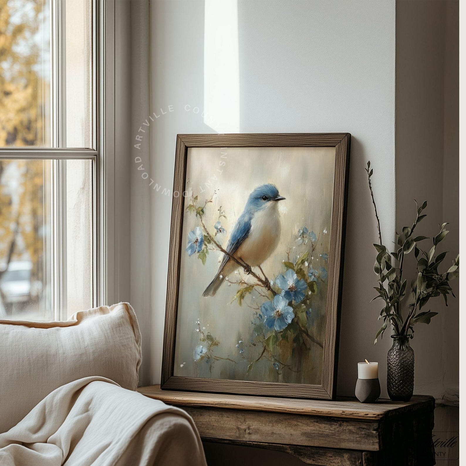 Vintage Bluebird on Tree Wall Art, Printable Bird Oil Paining, Blooming ...