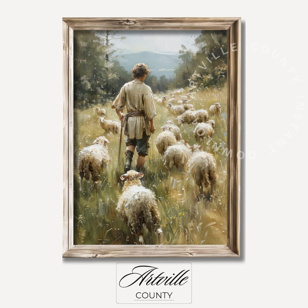 Printable Shepherd With Sheep Painting, Field Grazing Sheep Print, Farm ...