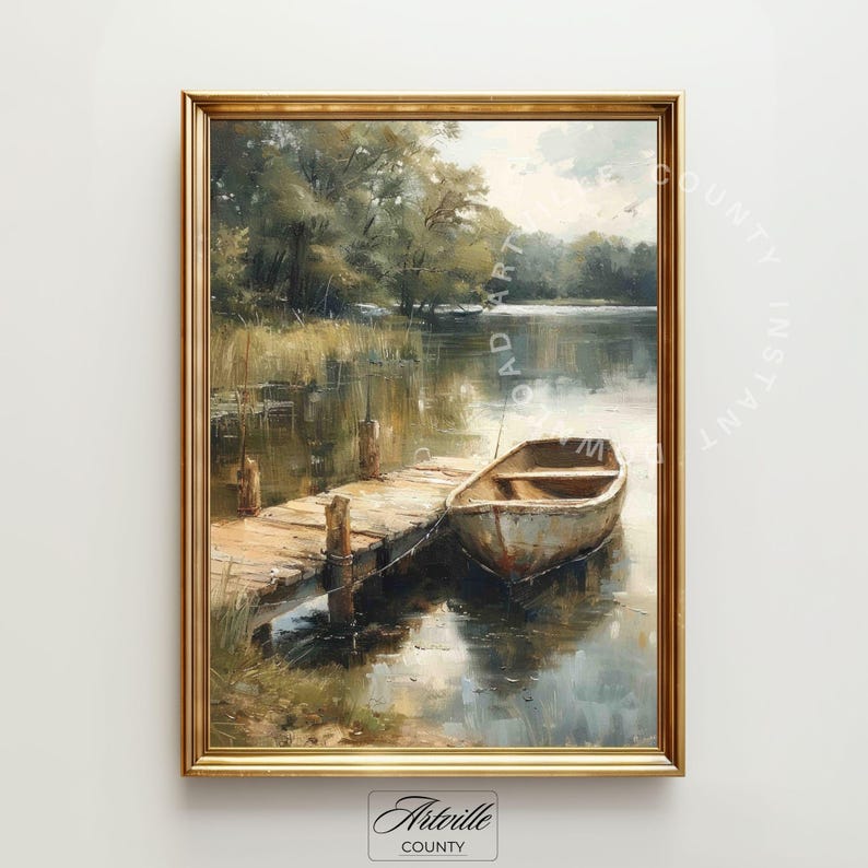 Vintage Fishing Boat Painting, Printable Farmhouse Decor, Countryside ...