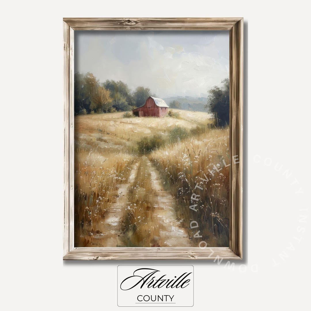 Vintage Countryside Barn Painting, Printable Fall Landscape Art ...