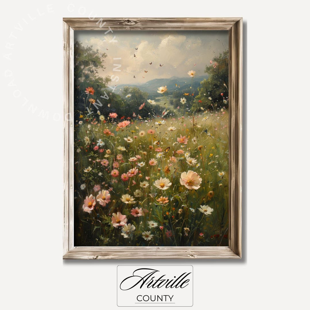 Printable Wildflower Meadow Landscape Painting, Farmhouse Wall Art ...