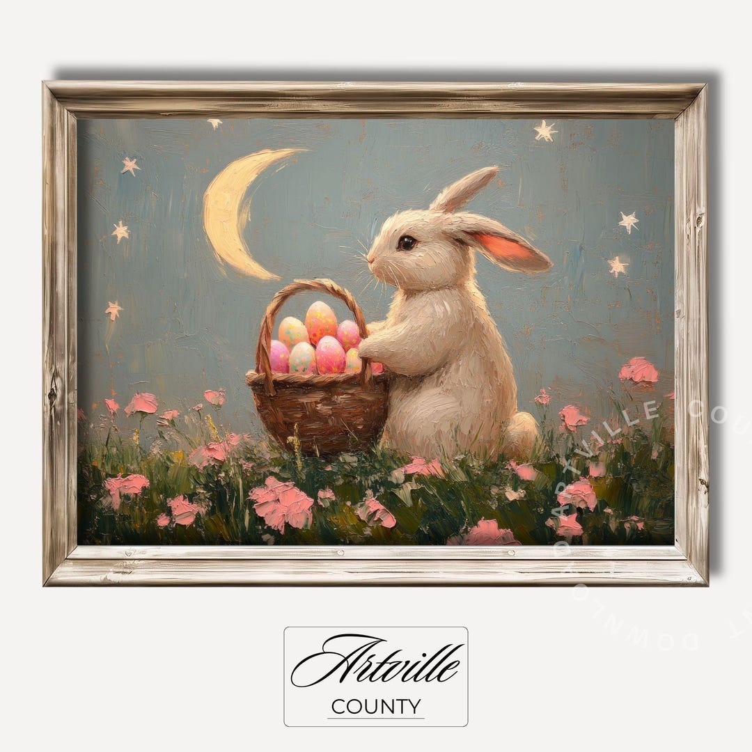 Whimsical Easter Bunny Wall Art, Easter Eggs Painting, Vintage Spring ...