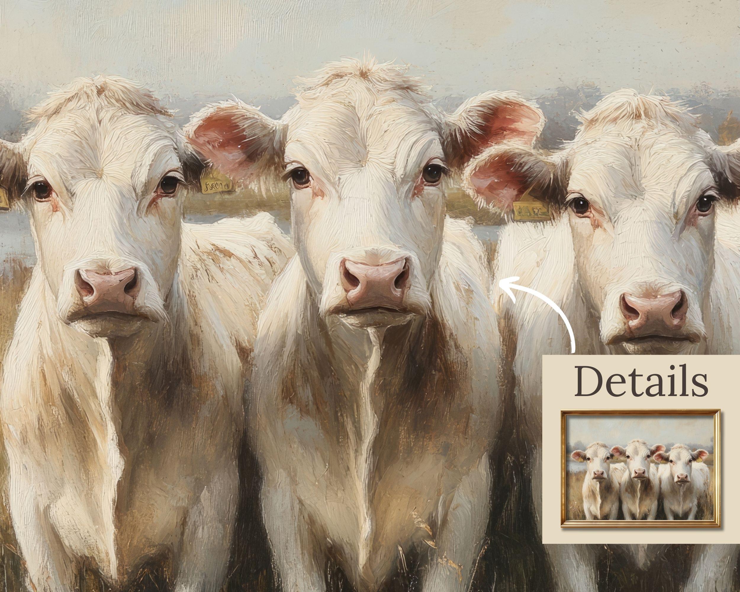 Vintage Curious Cows Print, Country Landscape Painting, Printable Cow ...