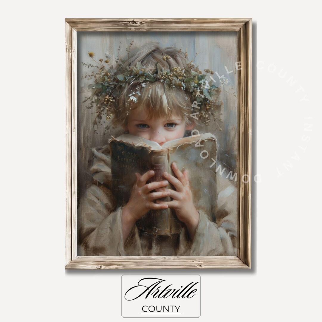 Printable Child Reading Book Painting, Vintage Oil Painting for ...