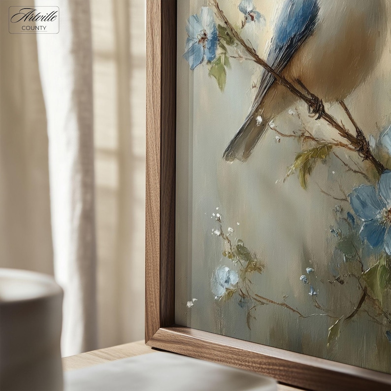 Vintage Bluebird on Tree Wall Art, Printable Bird Oil Paining, Blooming ...