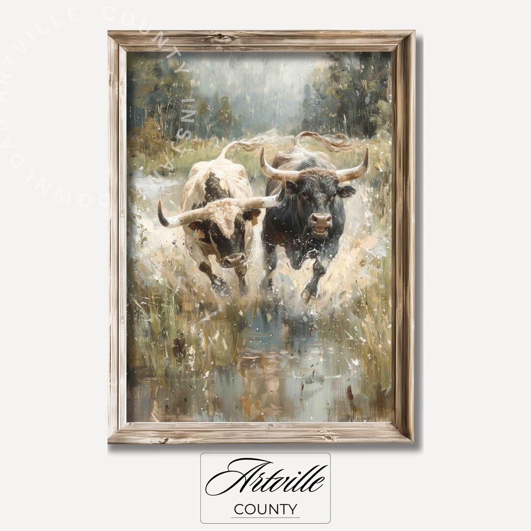 Vintage Angry Bulls Oil Painting, Printable Running Cows Art, Farmhouse ...