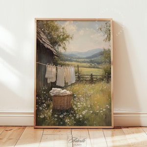 Vintage Laundry Day Print, Printable Country Landscape Painting ...