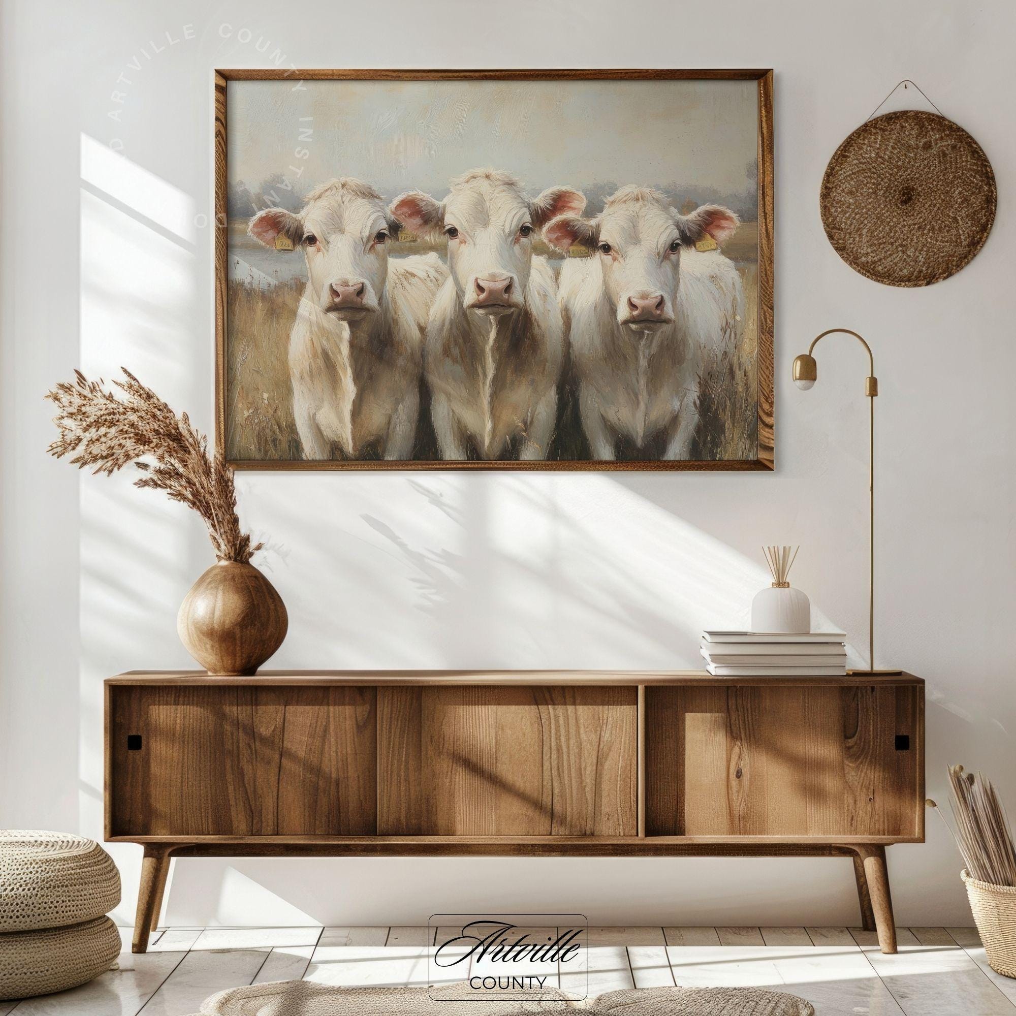 Vintage Curious Cows Print, Country Landscape Painting, Printable Cow ...