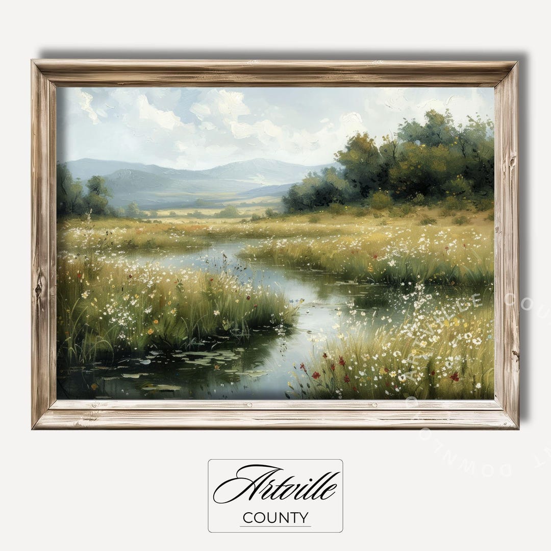 Printable Cottagecore Landscape Painting Vintage Wildflowers Wall Art ...