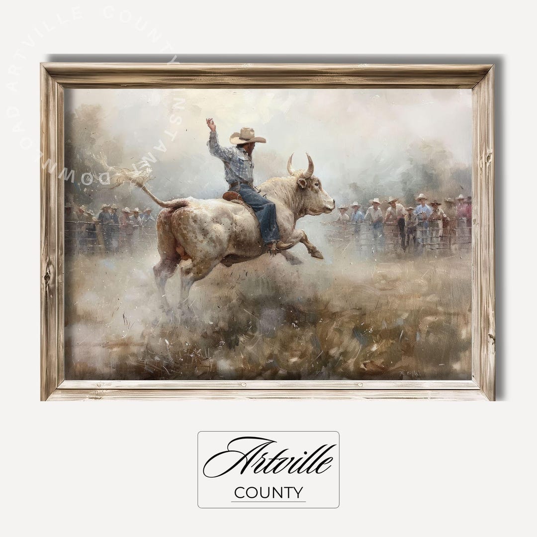Printable Rodeo Wall Art, Cowboy Riding Bull Painting, Western Print ...
