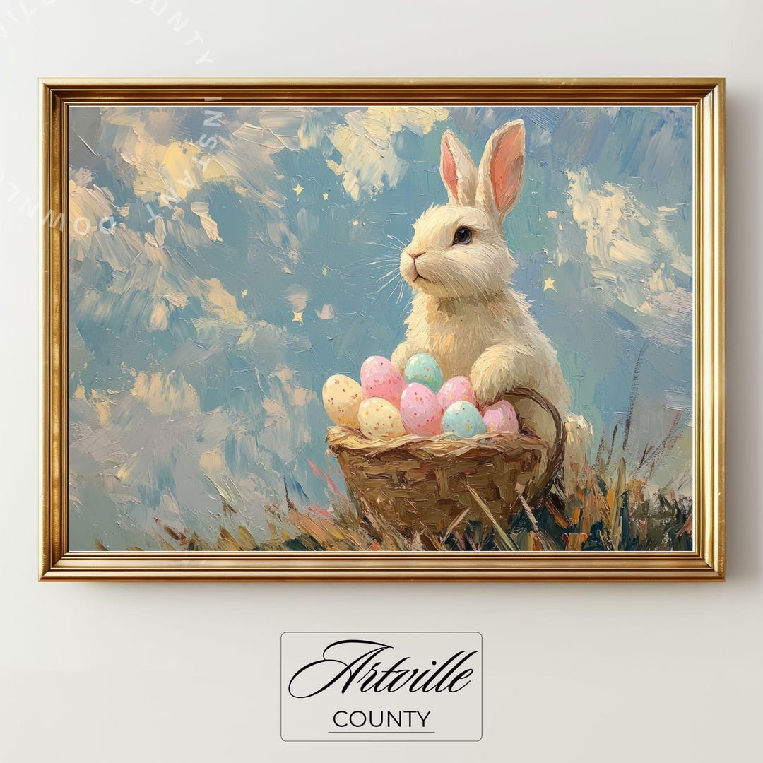 Printable Cute Bunny With Easter Eggs Painting Vintage Spring Print ...