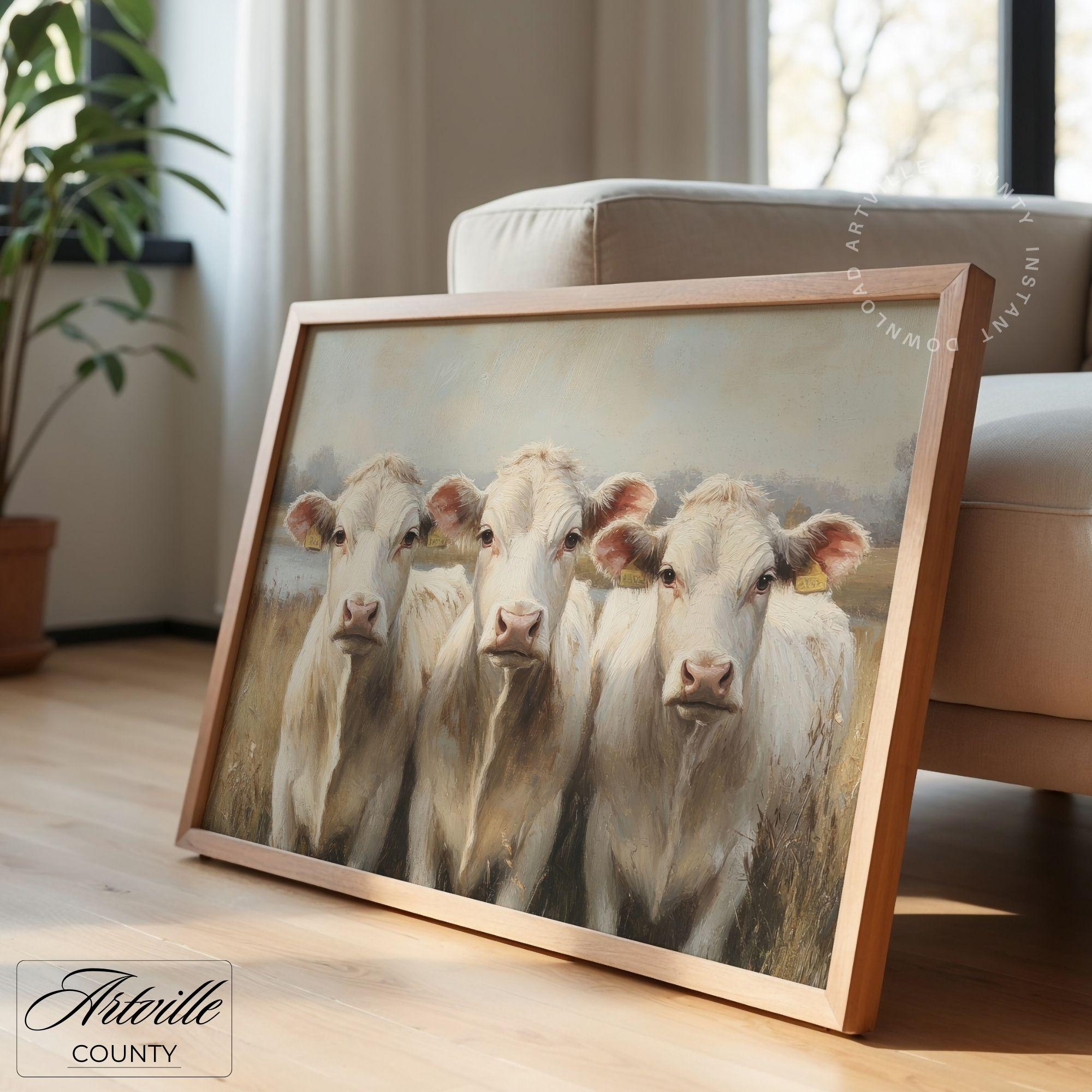Vintage Curious Cows Print, Country Landscape Painting, Printable Cow ...