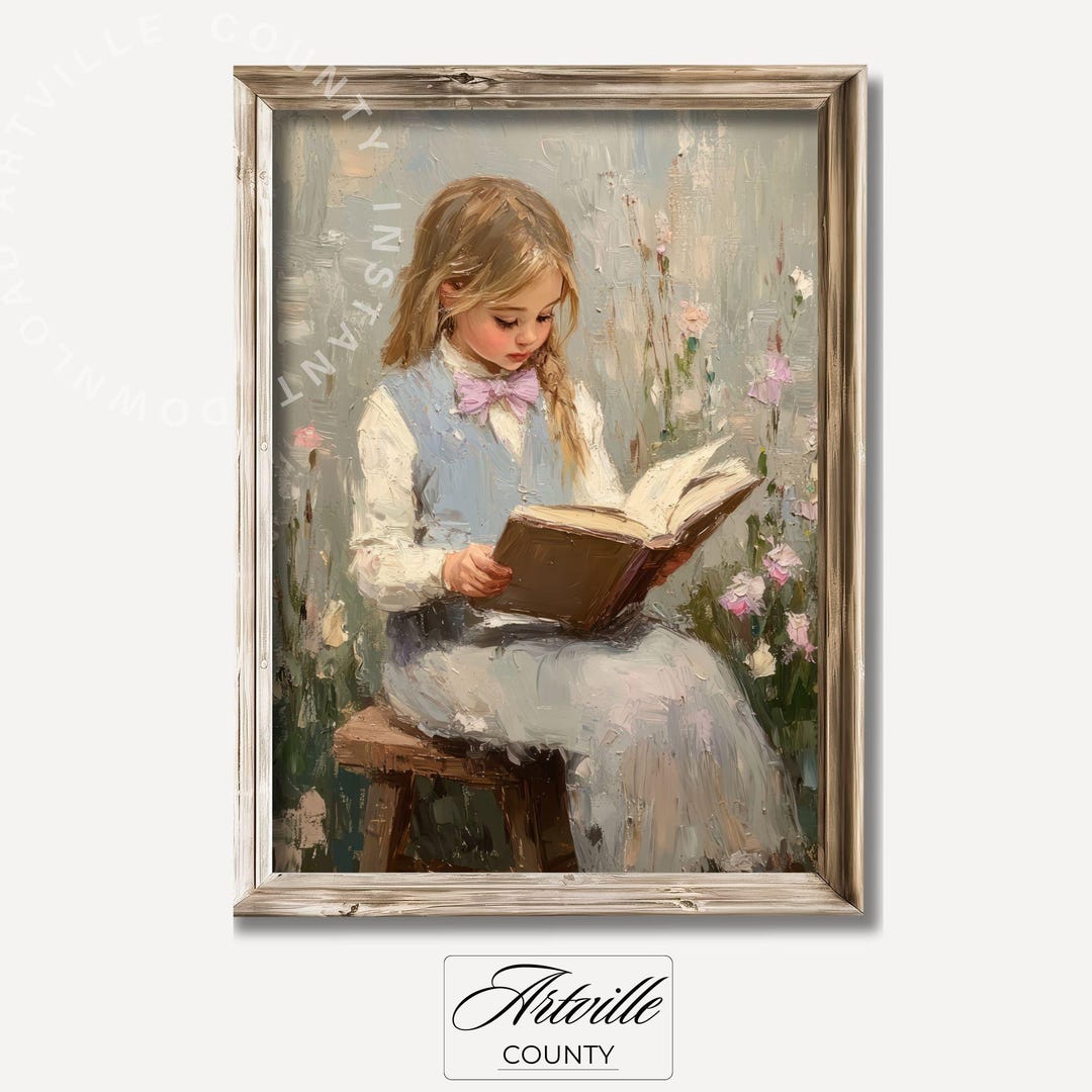 Vintage Girl Reading Painting, Printable Nature Artwork, Kids Spring ...