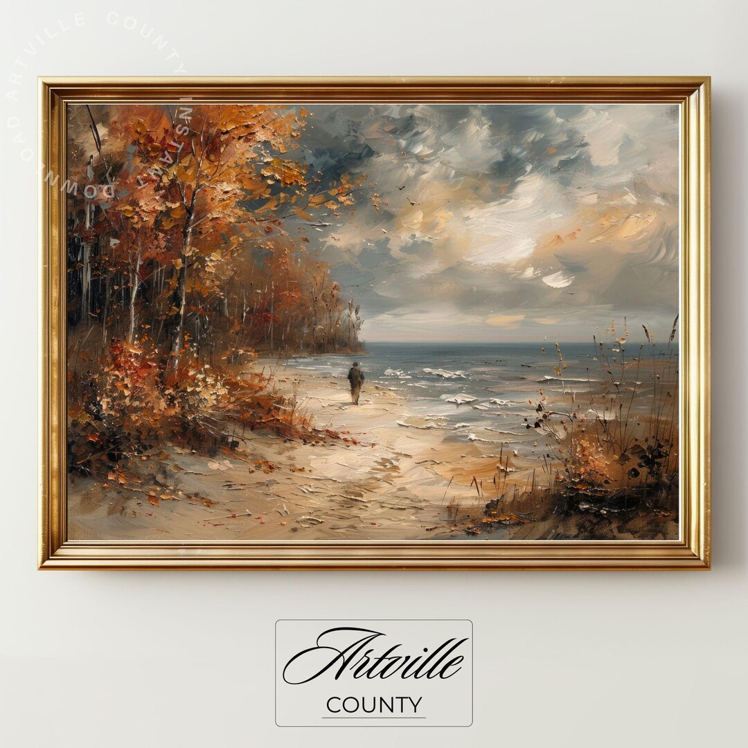 Printable Fall Coastal Landscape Painting, Autumn Trees Print, Rustic ...