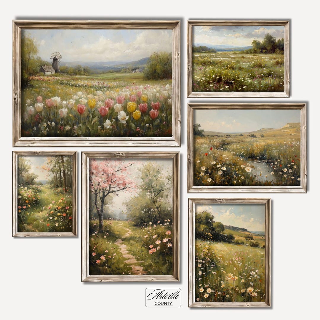 Set of 6 Vintage Spring Landscape Prints Countryside Floral Painting ...