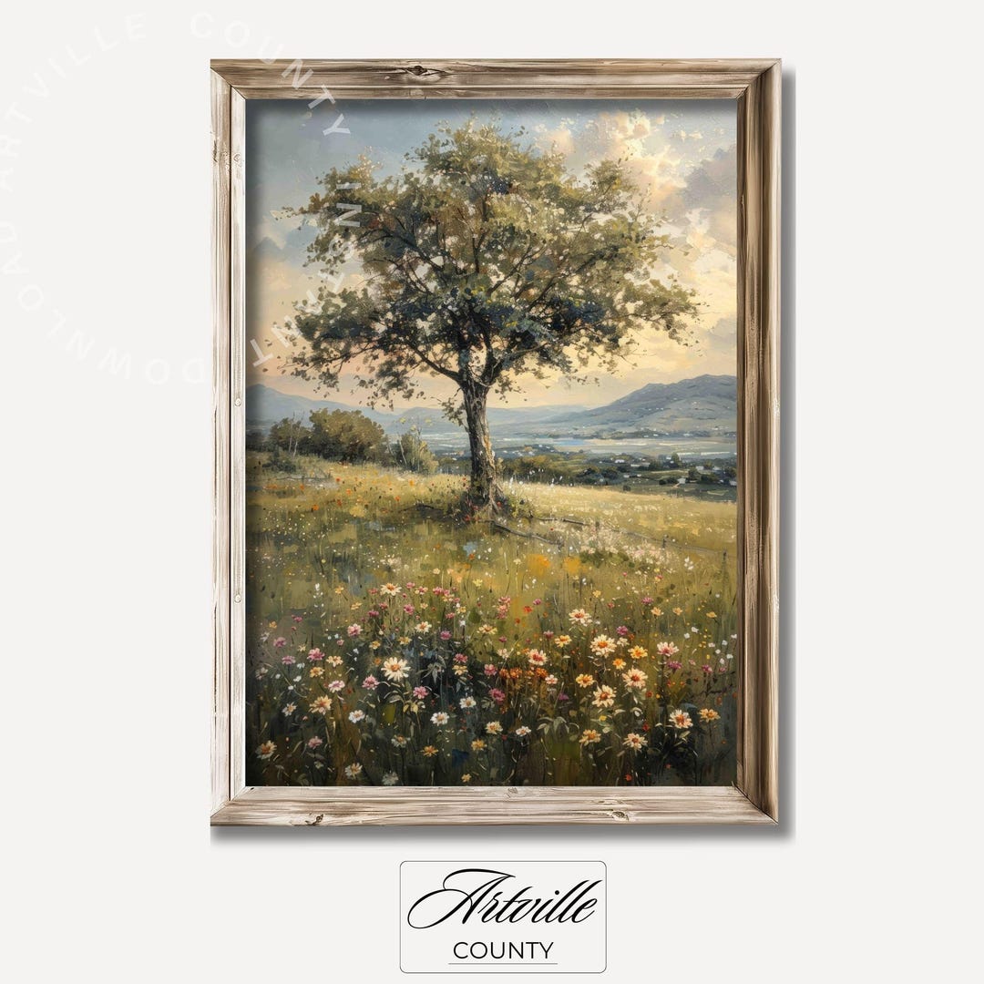 Printable Spring Tree Painting Wildflower Field Wall Art Vintage ...