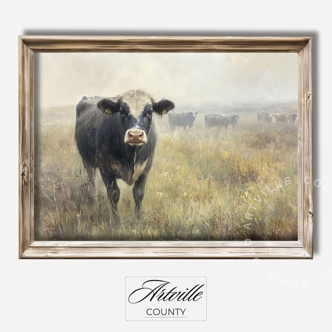 Printable Vintage Cow Print, Country Landscape Painting, Cow Art, Farmhouse Decor, Vintage ...