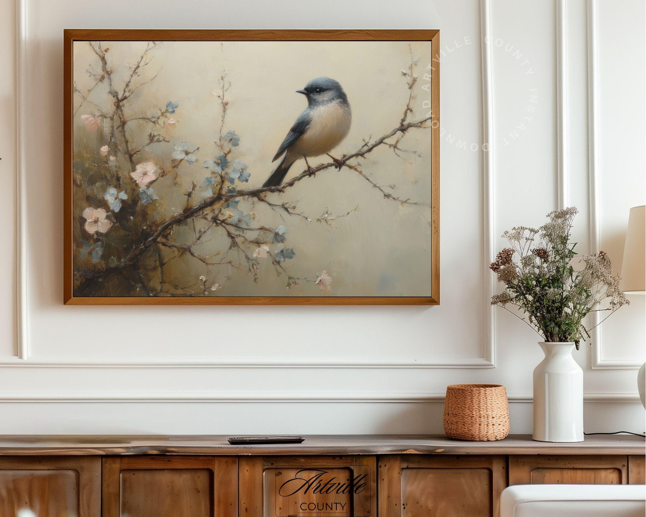 Printable Bird Spring Wall Art, Vintage Bird on Spring Tree Oil Paining ...