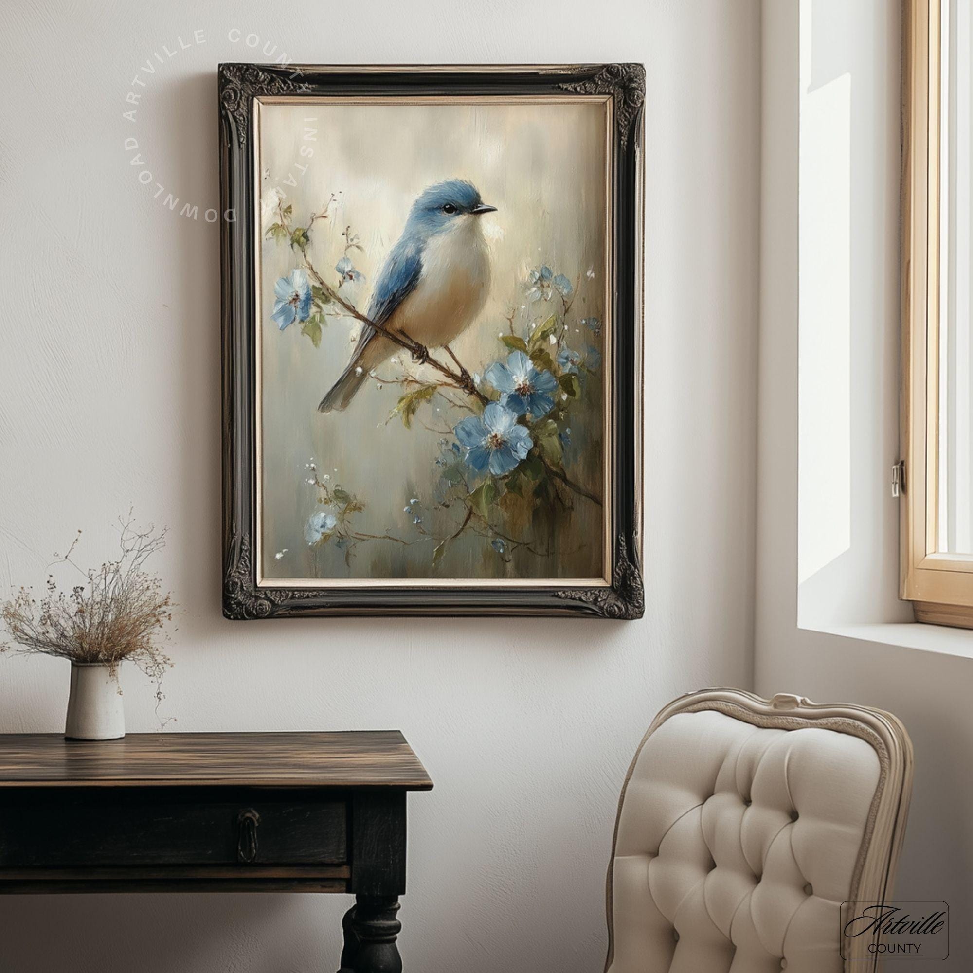 Vintage Bluebird on Tree Wall Art, Printable Bird Oil Paining, Blooming ...