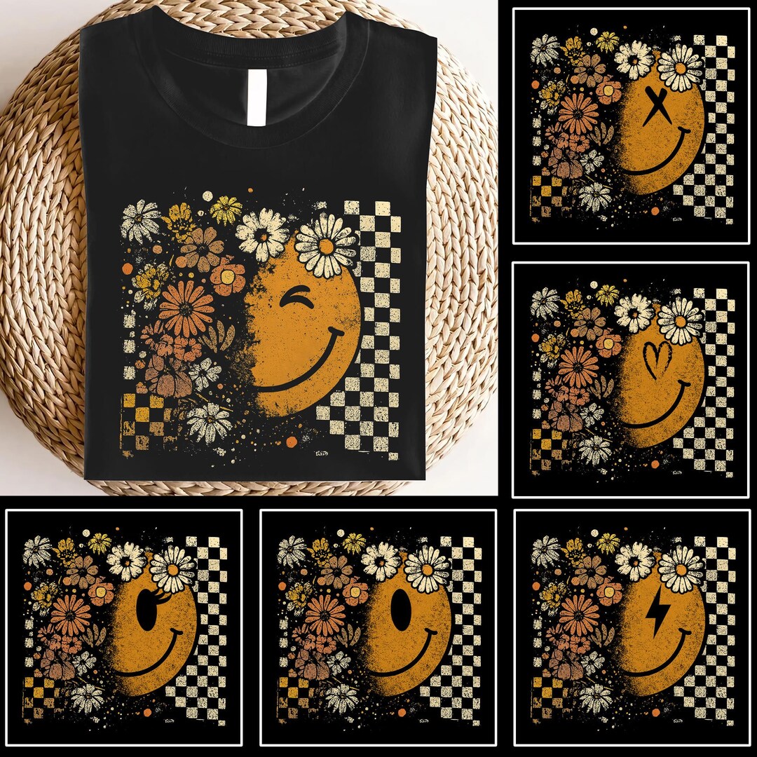 Retro Floral Fall Smile Face Png, Checkered Happy Face Png, Distressed ...