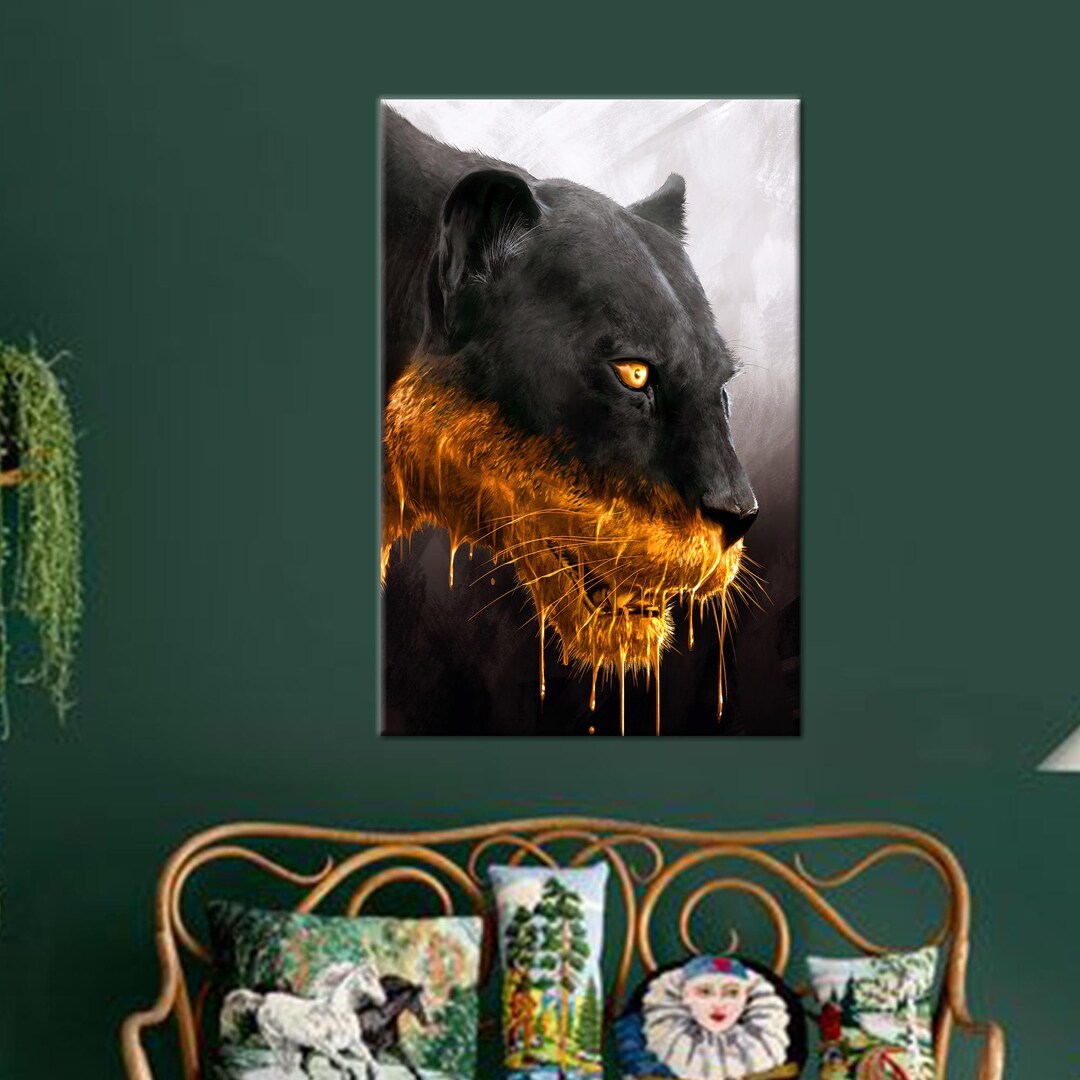 Black and Gold Panther Canvas Art: Bohemian Wall Decor - Etsy