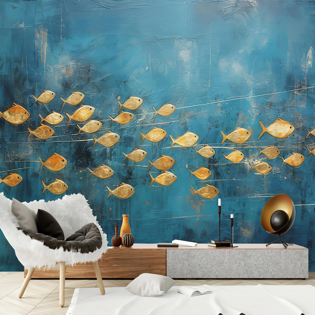 Golden Fish Wall Mural, Blue Ocean Wall Mural, Underwater Fish Wall ...