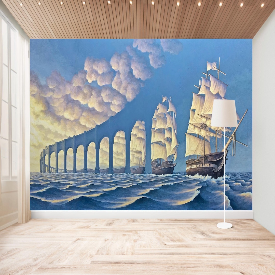 Surreal Sailing Bridge Wall Art, Optical Illusion Mural, Ship and ...