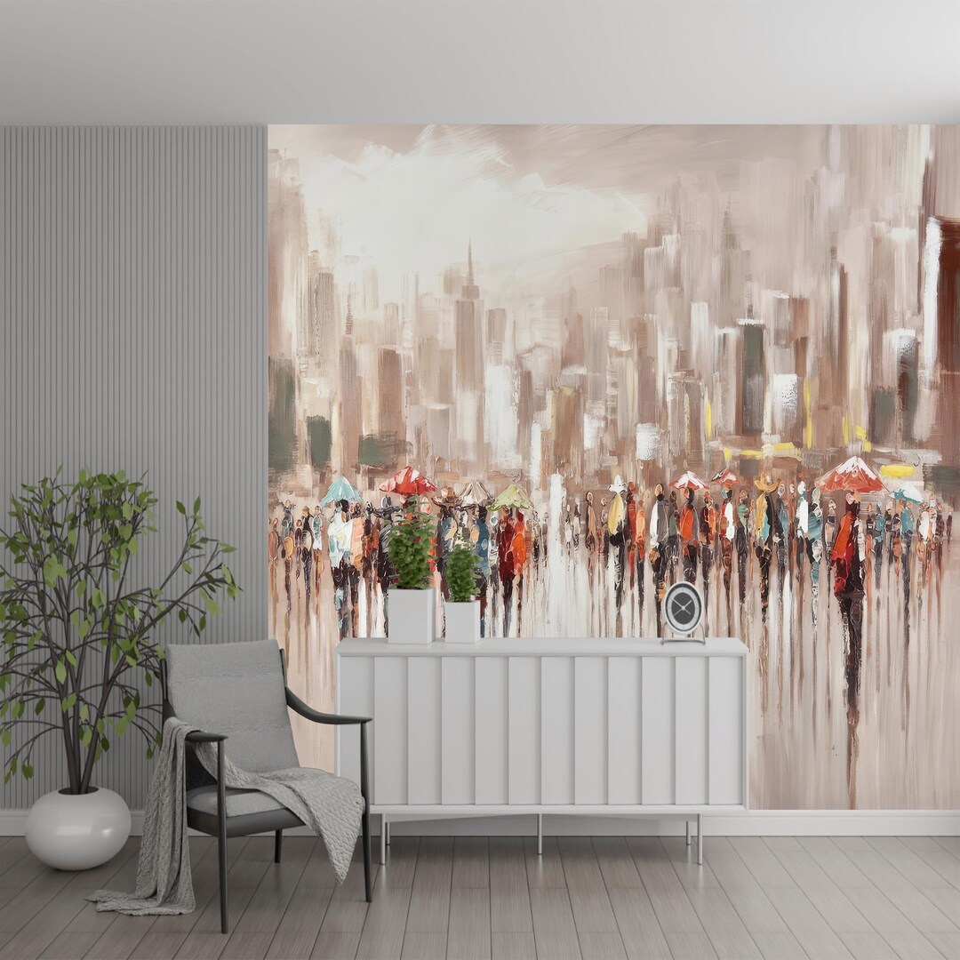 Abstract City Wall Art, Modern Cityscape Wall Mural, Rainy Day City ...
