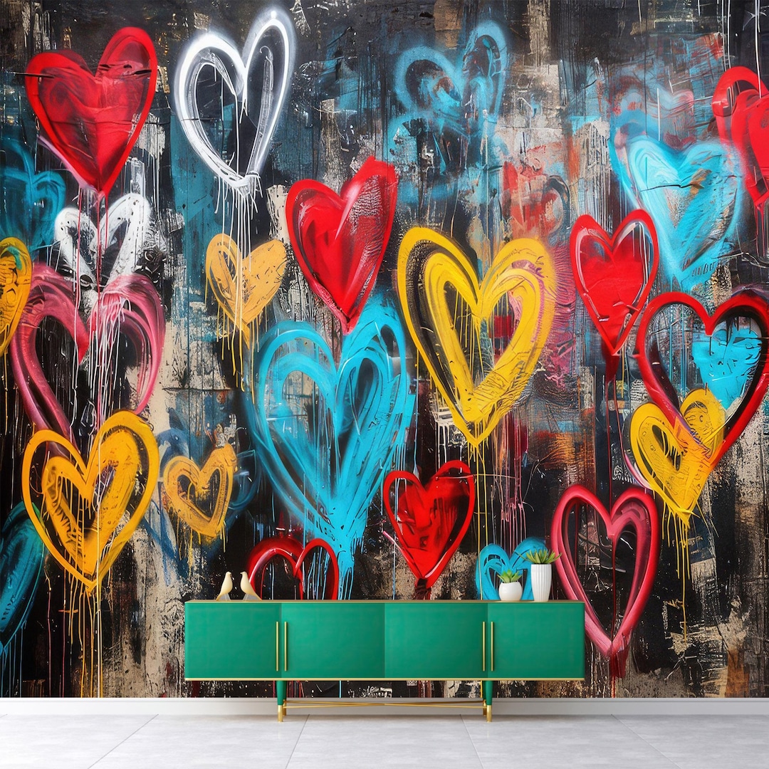 Colorful Heart Wall Mural, Love Graffiti Wall Mural , Spray Painted ...