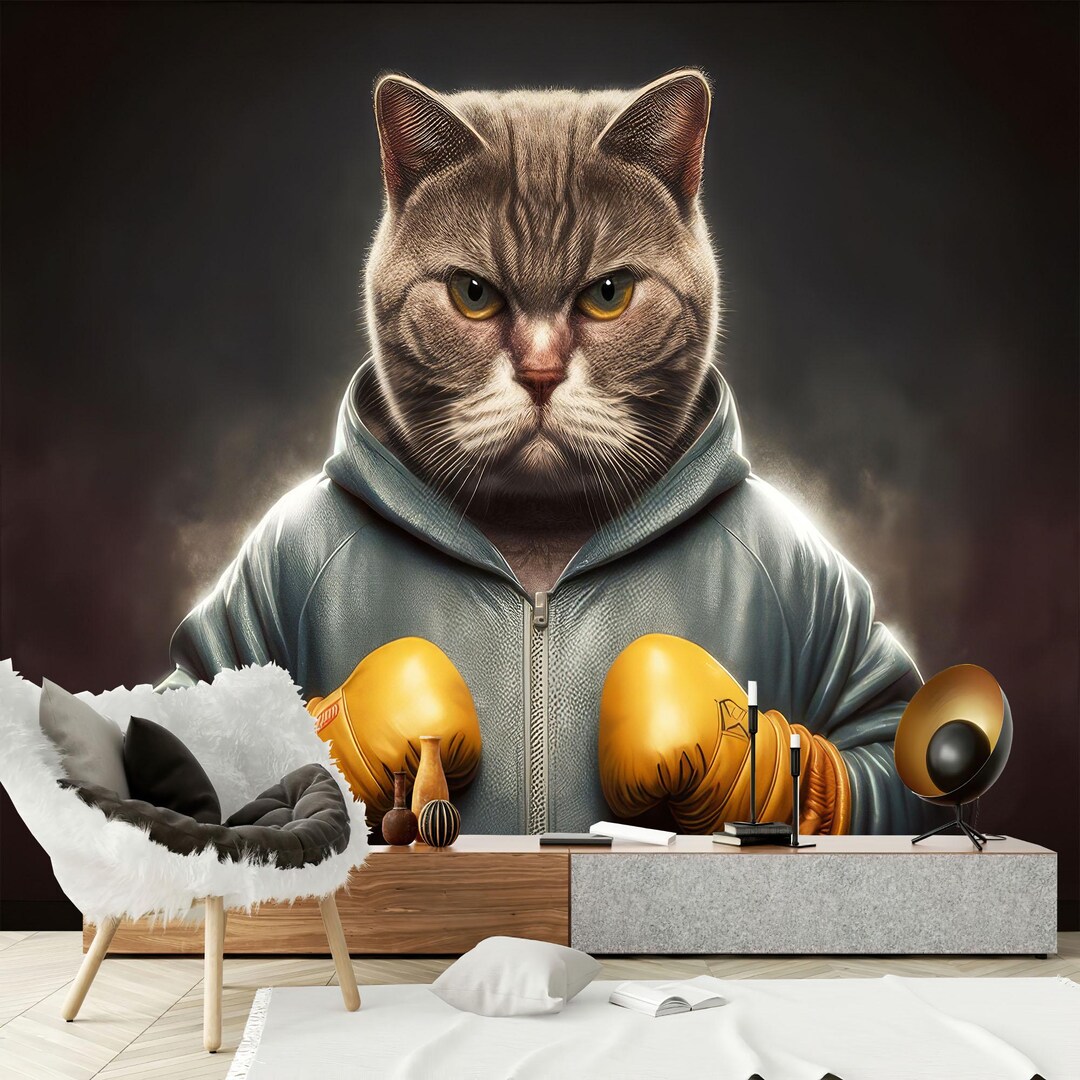 Boxing Cat Mural Wallpaper, Funny Animal Wall Art, Grumpy Boxer Cat Peel and Stick Wallpaper ...