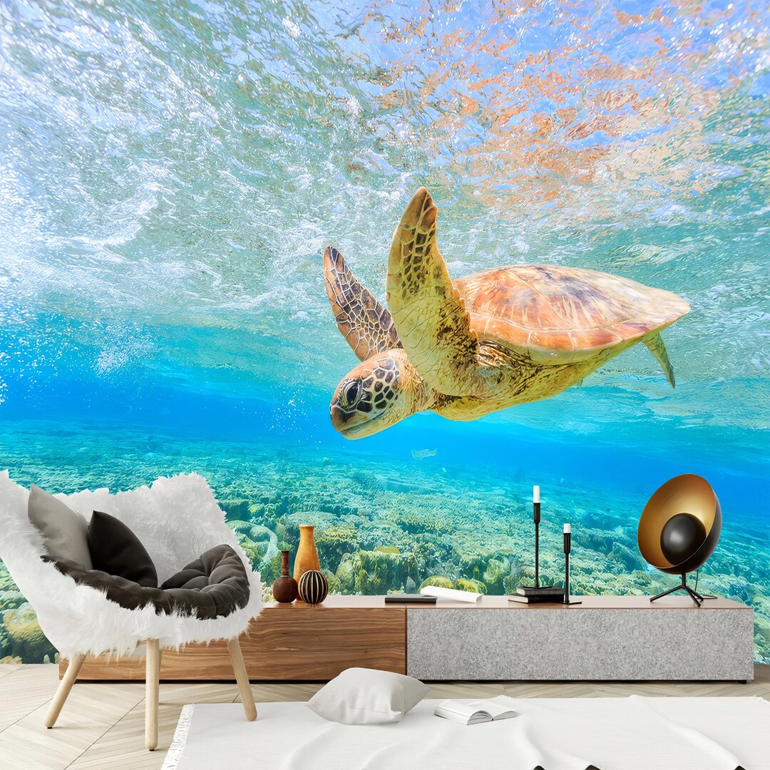 Sea Turtle Wall Mural, Tropical Ocean Turtle Wall Art, Underwater ...