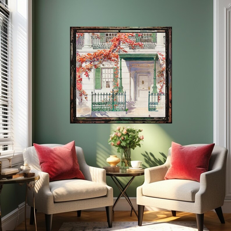 Charming Watercolor Building With Green Shutters and Vibrant Foliage ...