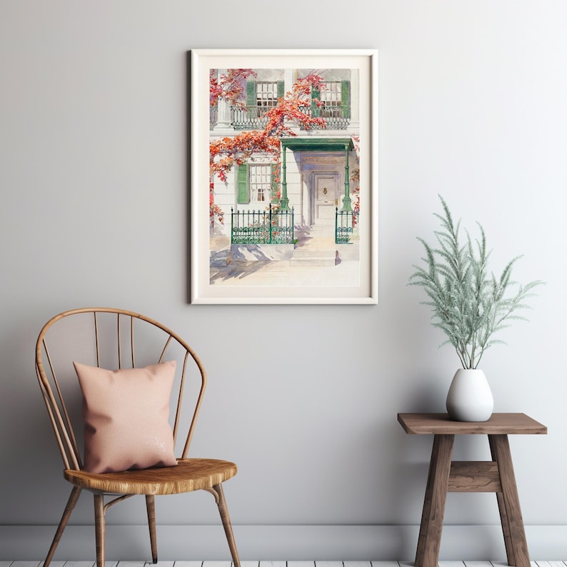 Charming Watercolor Building With Green Shutters and Vibrant Foliage ...