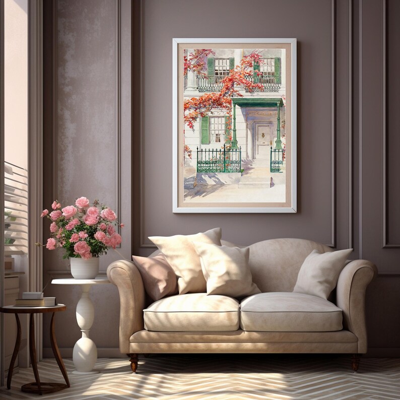 Charming Watercolor Building With Green Shutters and Vibrant Foliage ...