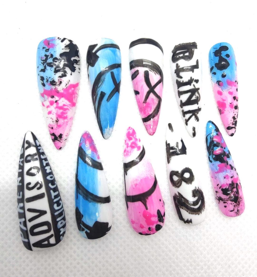 Hand Painted Press on Nails | Pop Punk Stiletto Nails | Hand Painted ...