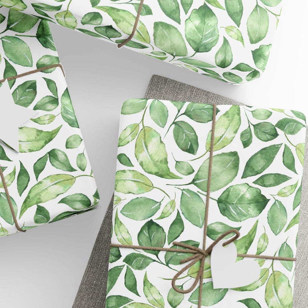 Green Leaf Gift Wrap, Green Floral Wrapping Paper, Watercolor Design ...