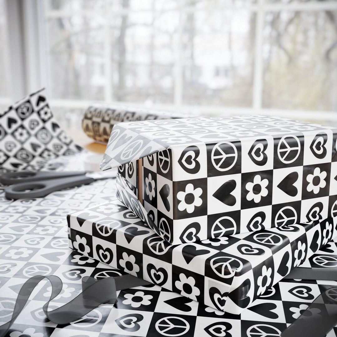 Retro Checkered Gift Wrap, Hearts and Peace Signs Design, Retro ...
