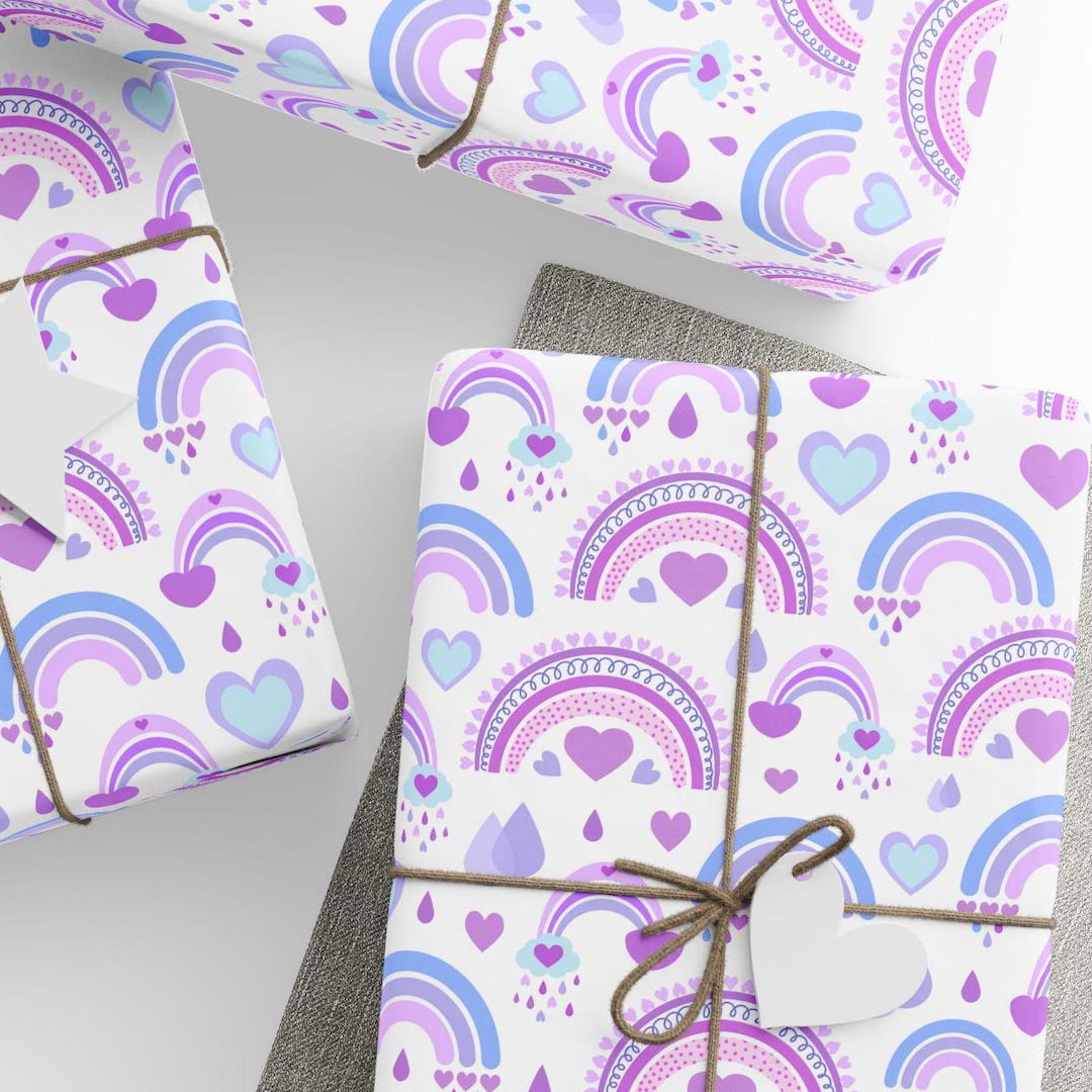 Rainbows & Hearts Gift Wrap, Purple Birthday Girl Wrapping Paper ...