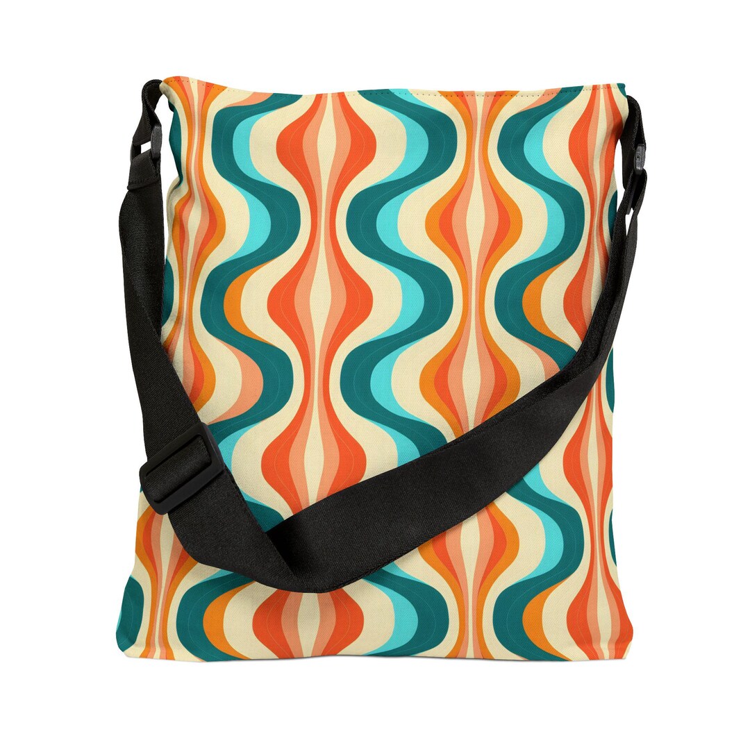 Boho Adjustable Tote Bag, Crossbody Tote, Retro Orange & Blue Design ...