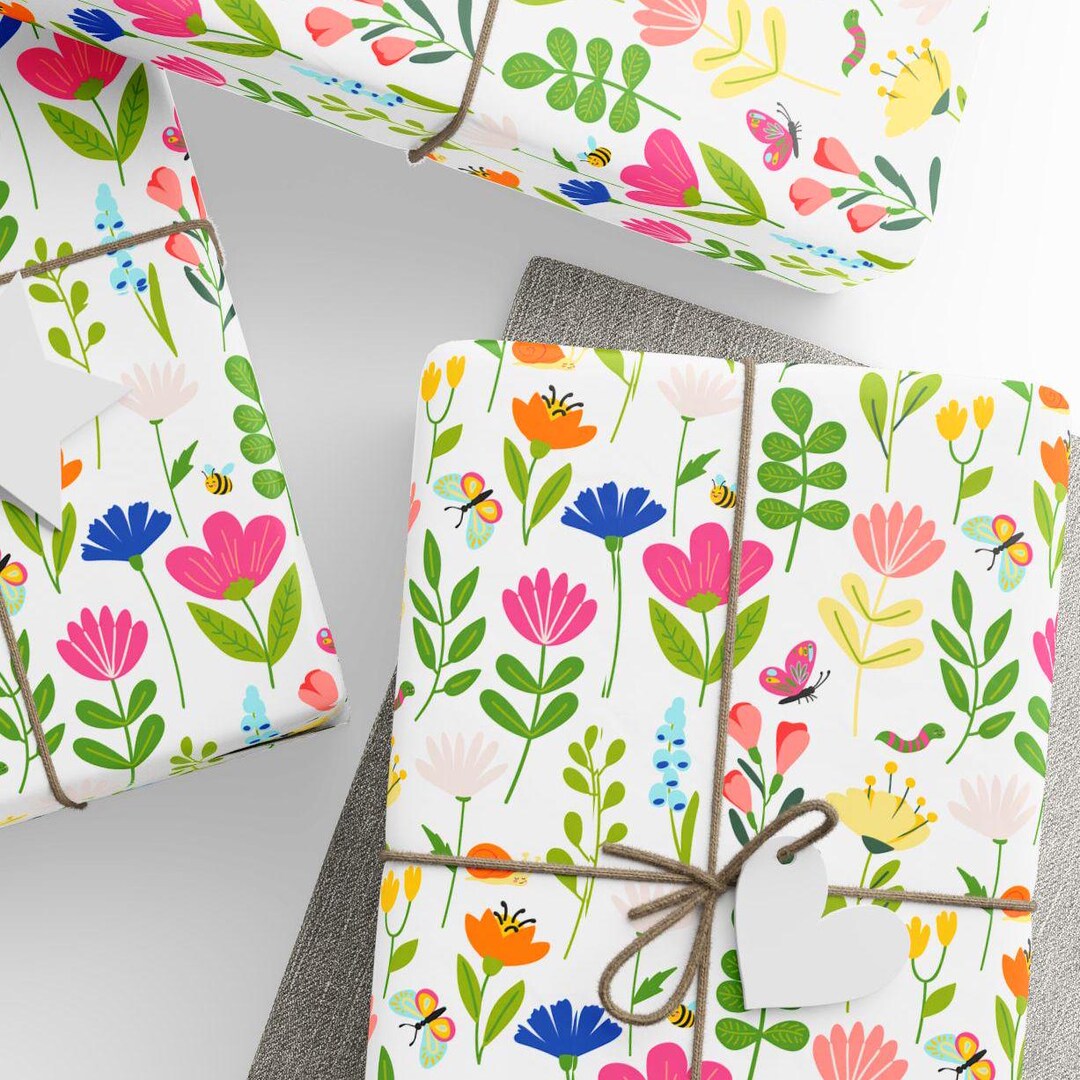 Pretty Flowers Gift Wrap, Flowers, Butterflies and Bees Design, Floral ...