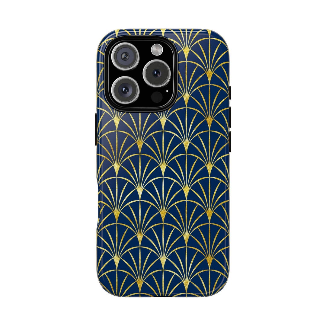 Art Deco Gold Fan Phone Case, Stylish Blue iPhone 12, 13, 14, 15, 16 ...