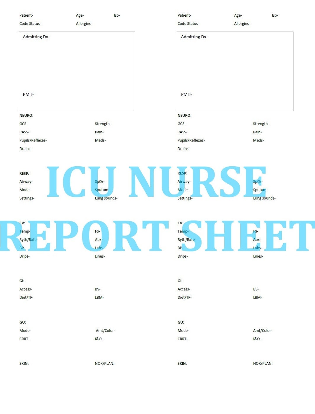 ICU Nurse Report Sheet - Printable PDF - Etsy