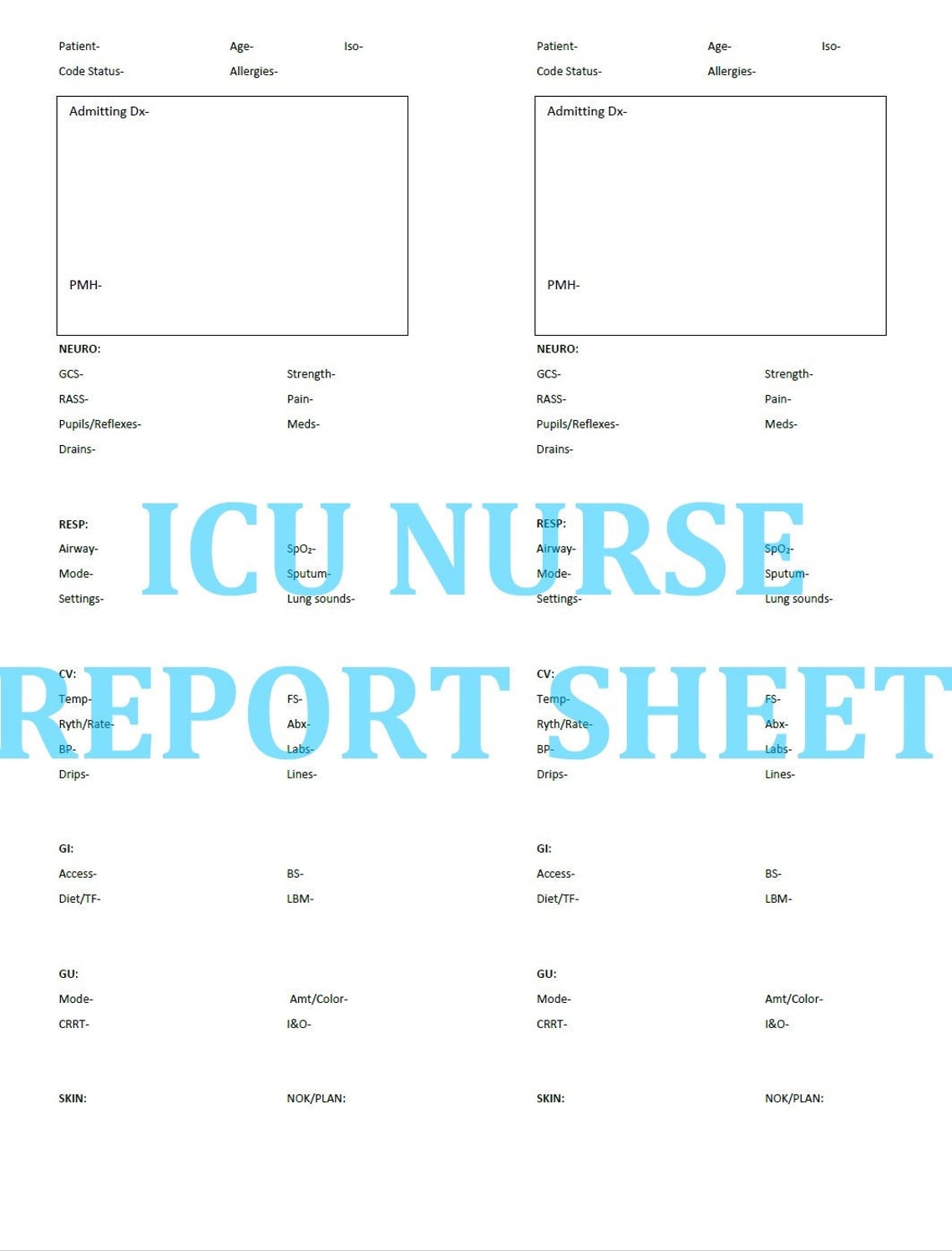 ICU Nurse Report Sheet - Printable PDF - Etsy