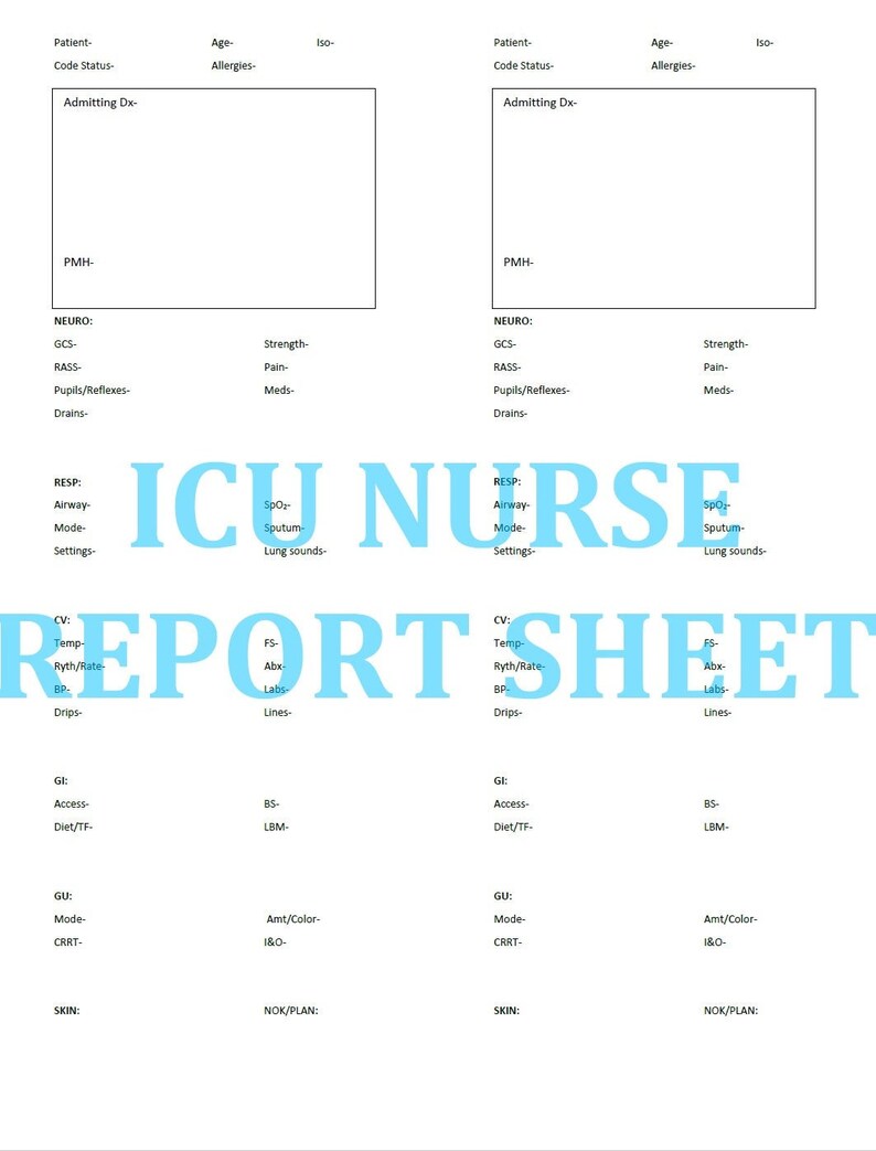 ICU Nurse Report Sheet - Printable PDF - Etsy