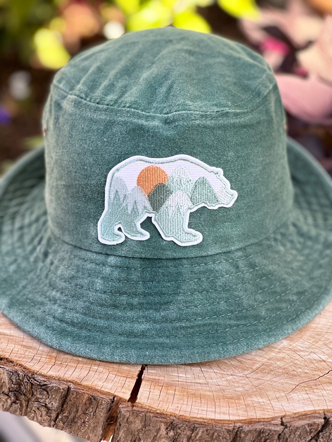 Green Bucket Hat Bear Mountain Scenery Embroidered Patch - Etsy