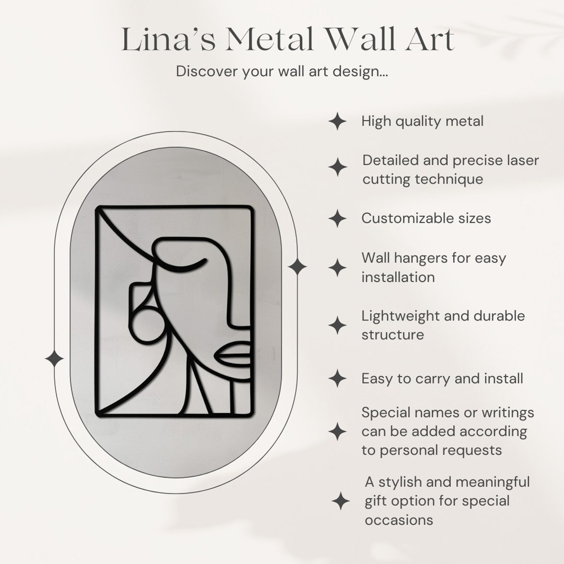 Romantic Woman Metal Wall Art, Woman's Face, Gift, Room Decor, Birthday ...