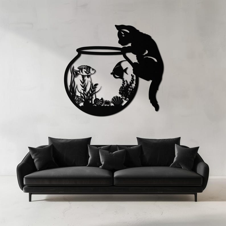 Cat and Fish Bowl Metal Wall Art, Room Decor, Wall Hangings, Birthday ...