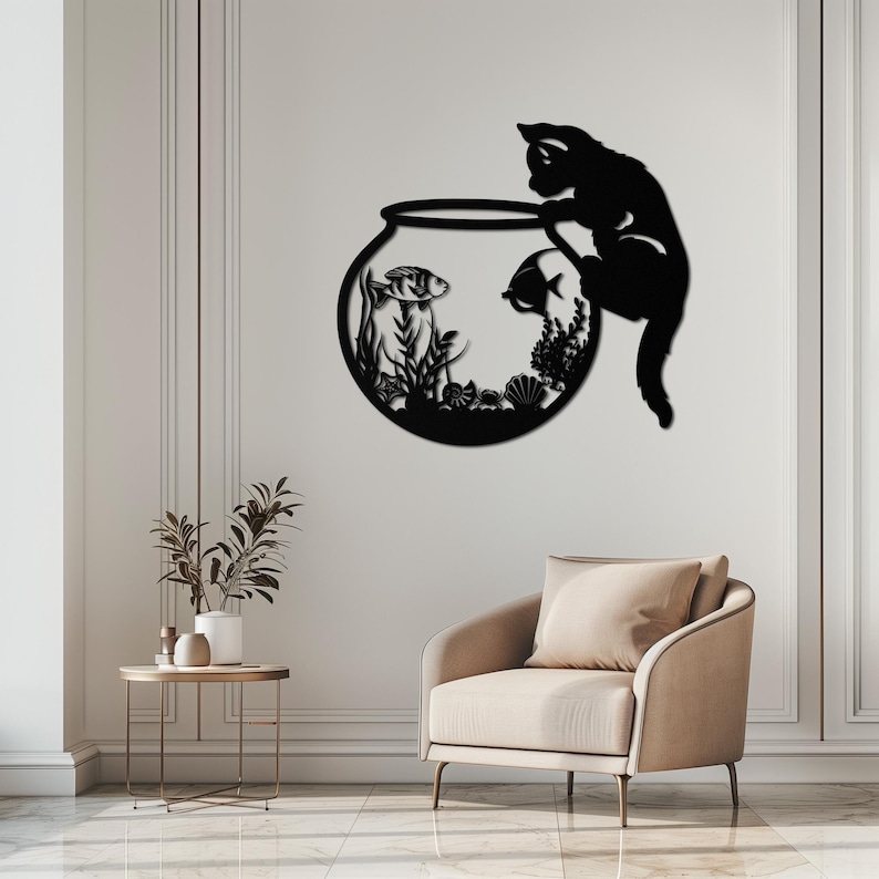 Cat and Fish Bowl Metal Wall Art, Room Decor, Wall Hangings, Birthday ...